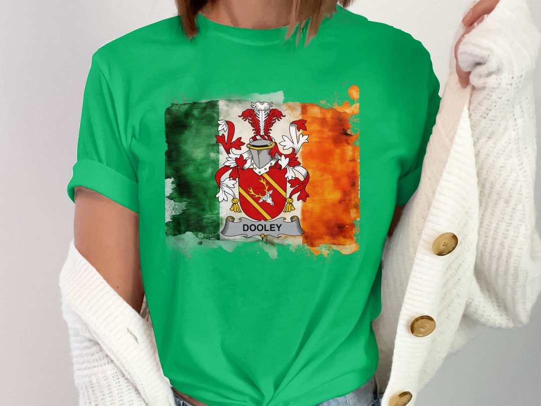 Irish Surname Crest Badge, Dooley Coat of Arms on Irish Flag Background ...