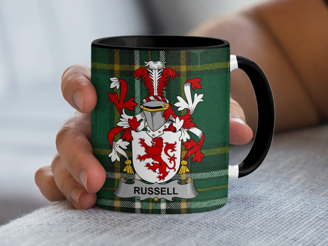 Russell Coat of Arms Mug, Irish Tartan Background, Customizable Family ...