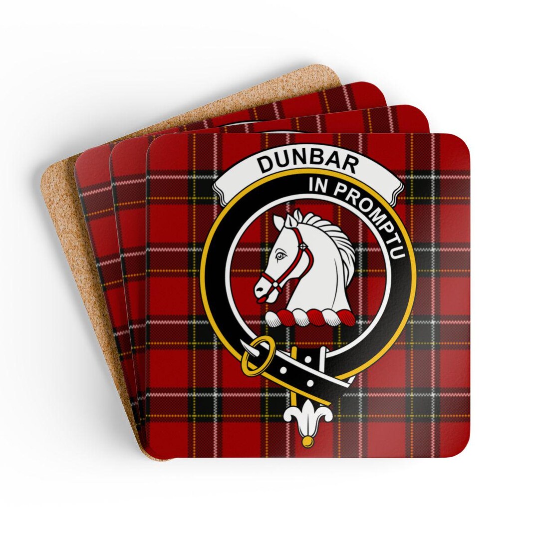 Dunbar Clan Coaster Set: Tartan Plaid, Horse Crest, Round Drink ...