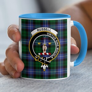 Scottish Clan Russell Mug, Family Crest Coffee Cup, Virtus Sine Macula ...