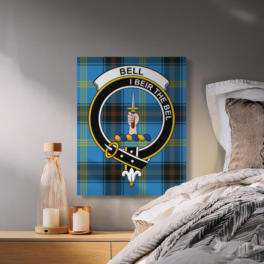 Bell Scottish Clan Crest on Tartan Background, Canvas Wrap, Unique Clan ...