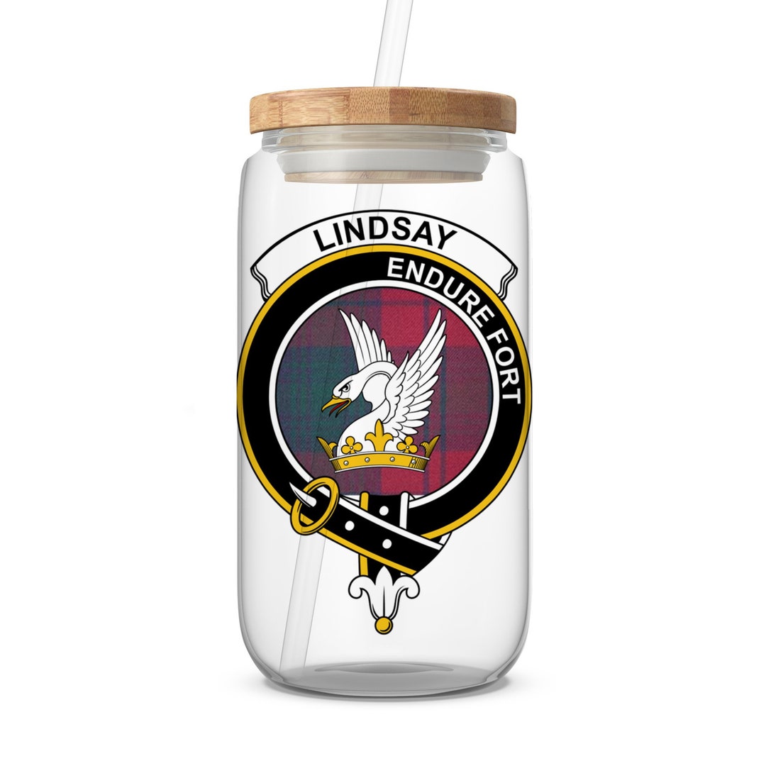 Lindsay Clan Crest on Tartan Background Coffee Tumbler, Personalized ...