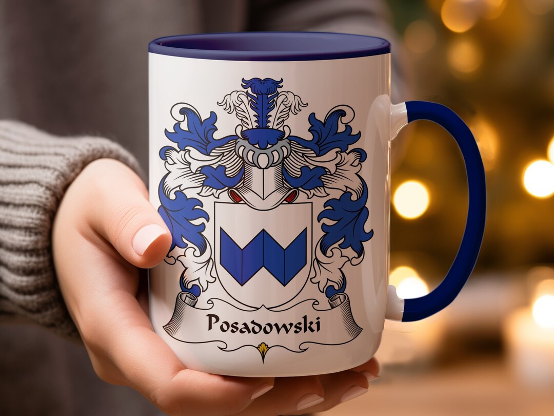 Personalized Posadowski Family Crest 11oz White Mug, Blue Accent Polish ...