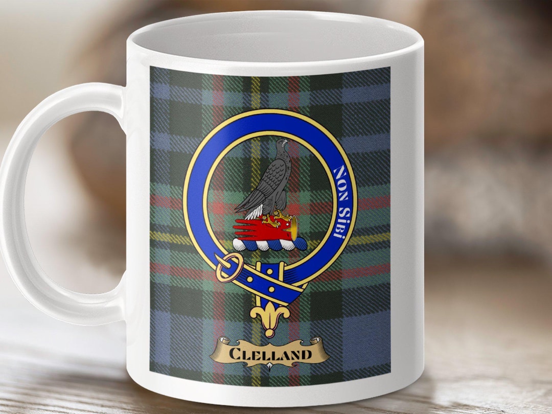Clelland Scottish Clan Crest Mug, Tartan Background Clelland Clan ...