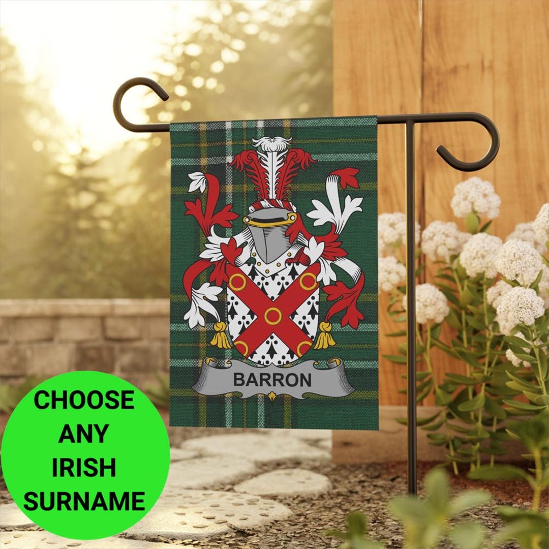 Irish Surname Barron Coat of Arms Garden Flag in Irish National Tartan ...