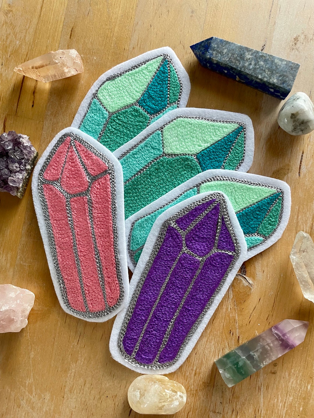 Handmade Handcranked Chainstitch Embroidered Crystal Patch Green Purple Pink Amethyst Rose ...