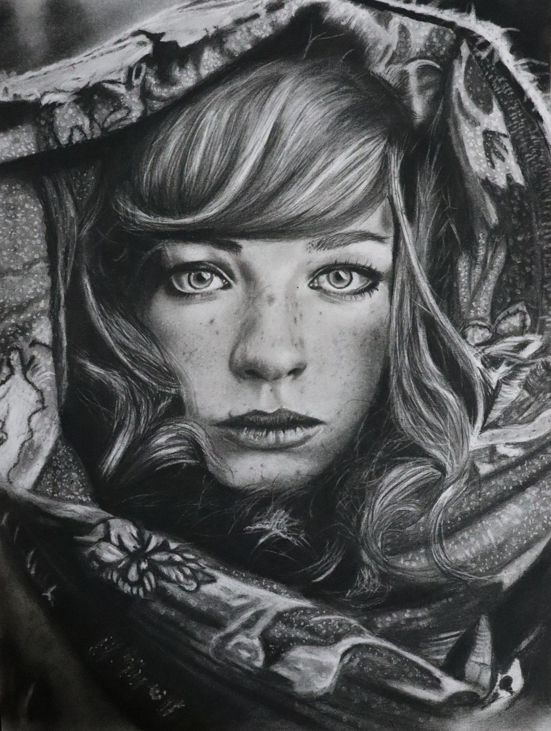 Photorealistic Drawing - A Portrait of a Girl With a Scarf (lara) - Etsy