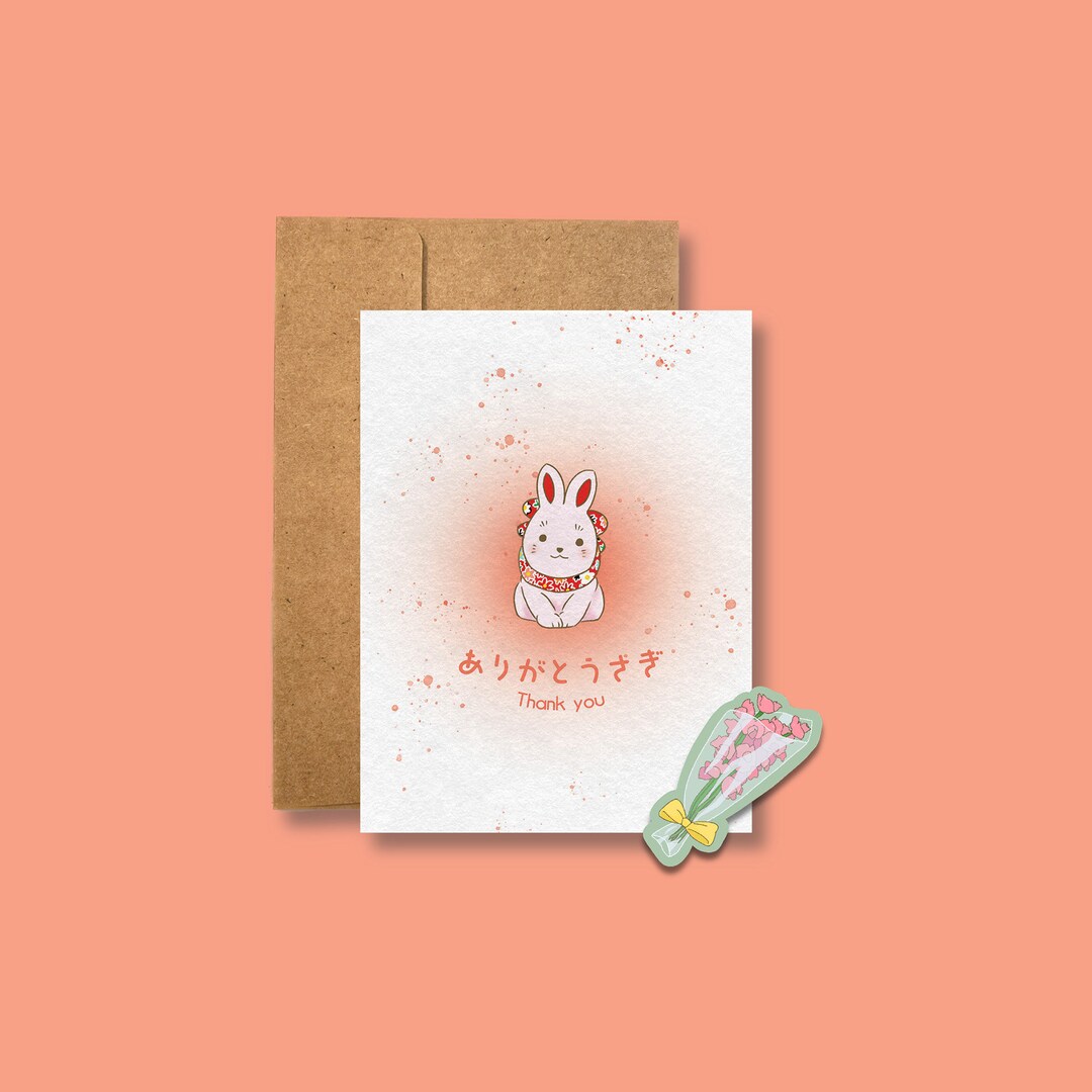 Thank You Bunny Greeting Card With Sticker/arigato-usagi/thank - Etsy