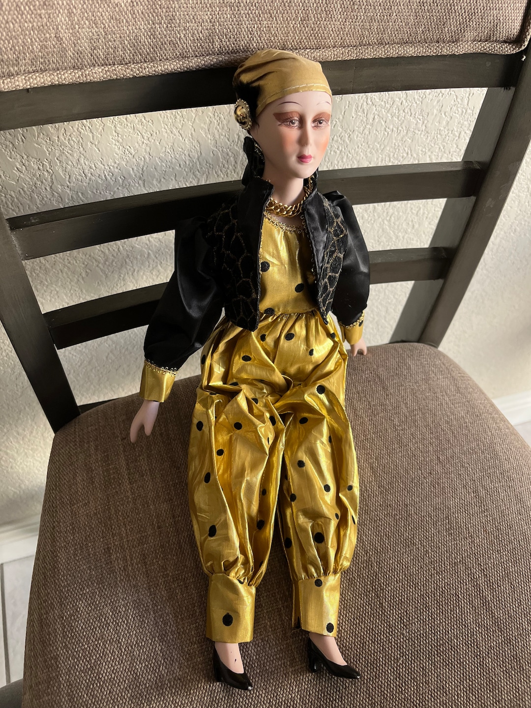 Jester Clown Porcelain Doll Gold Flexible Satin Ballerina Polka Dot ...