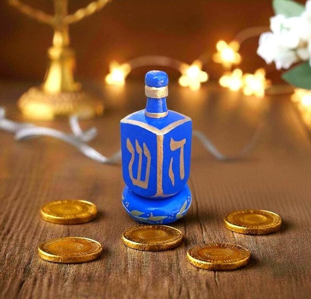 Hand Painted Small Wooden Dreidel With Stand – Blue & Gold Hanukkah ...