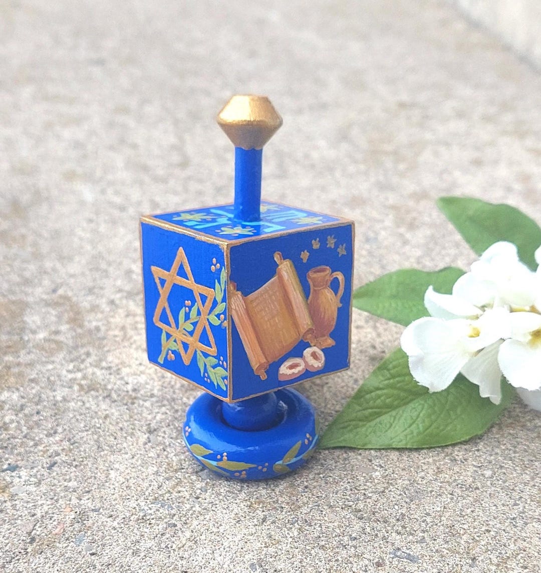 Hand-painted Blue Wooden Dreidel With Stand, Collectible Hanukkah Gift ...
