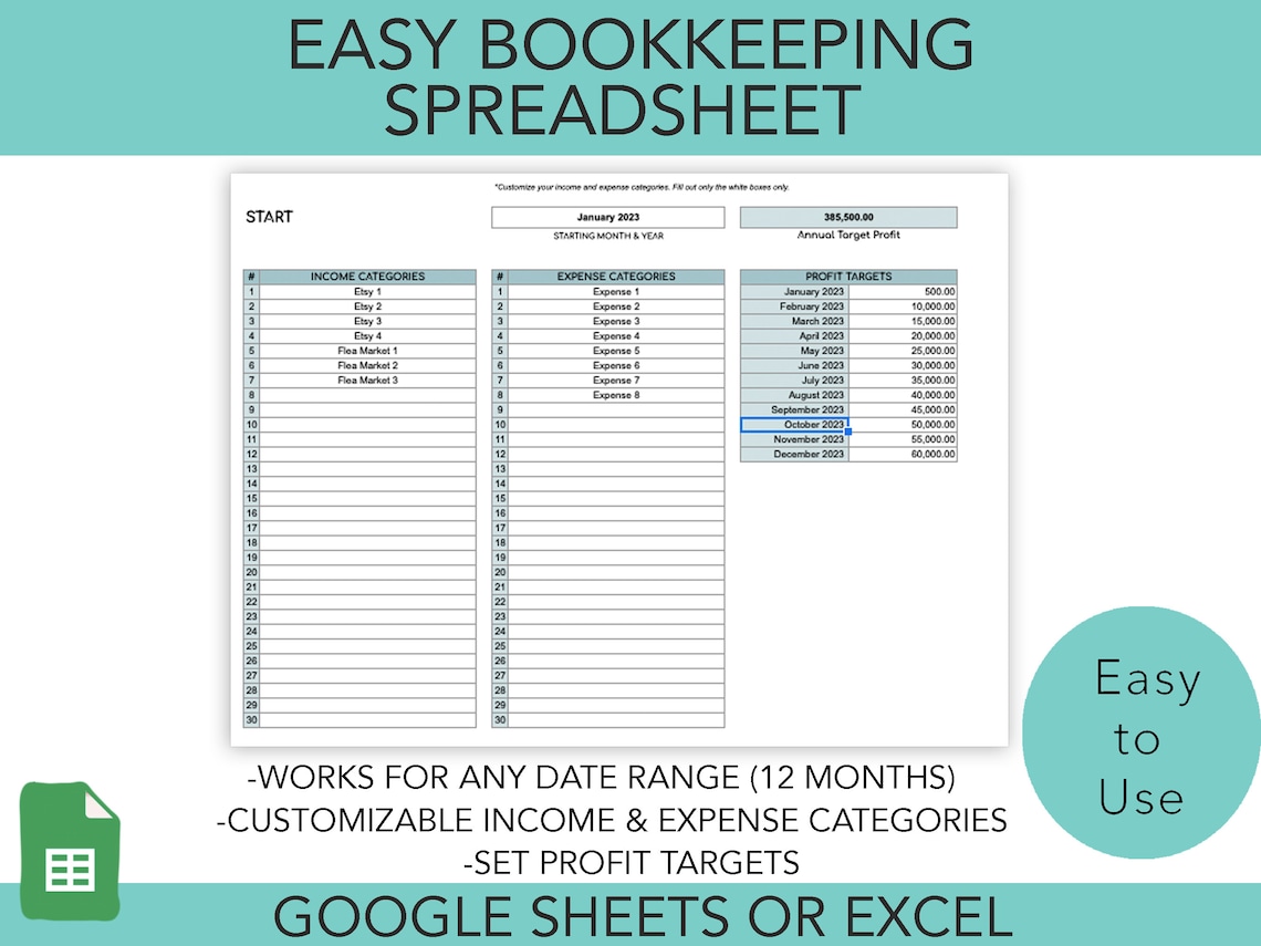 Easy Bookkeeping Template, Small Business Bookkeeping Spreadsheet ...