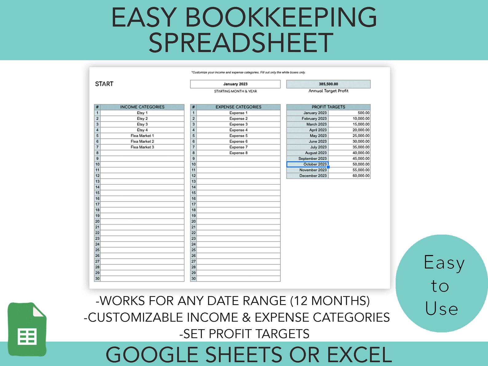 Easy Bookkeeping Template, Small Business Bookkeeping Spreadsheet ...