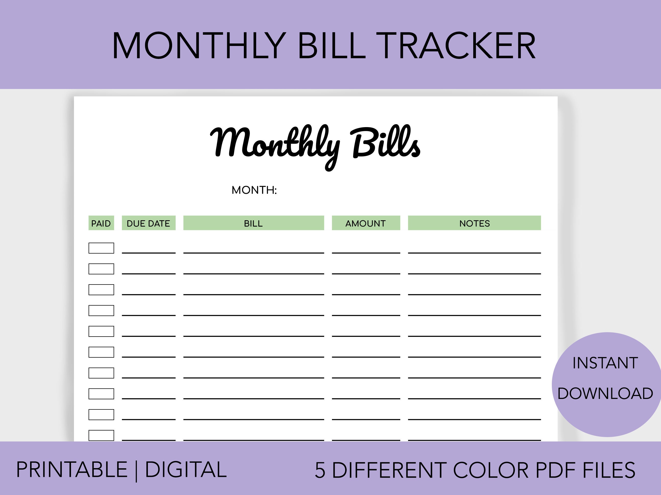 Monthly Bill Tracker PDF Printable, Bill Log, Bill Payment Tracker ...
