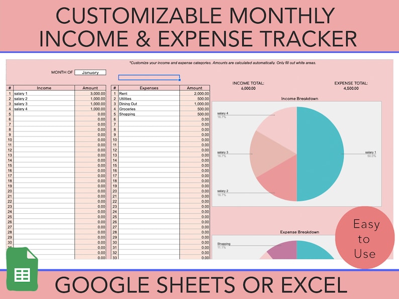 Monthly Income Expense Tracker, Google Sheets, Excel (digital Download ...