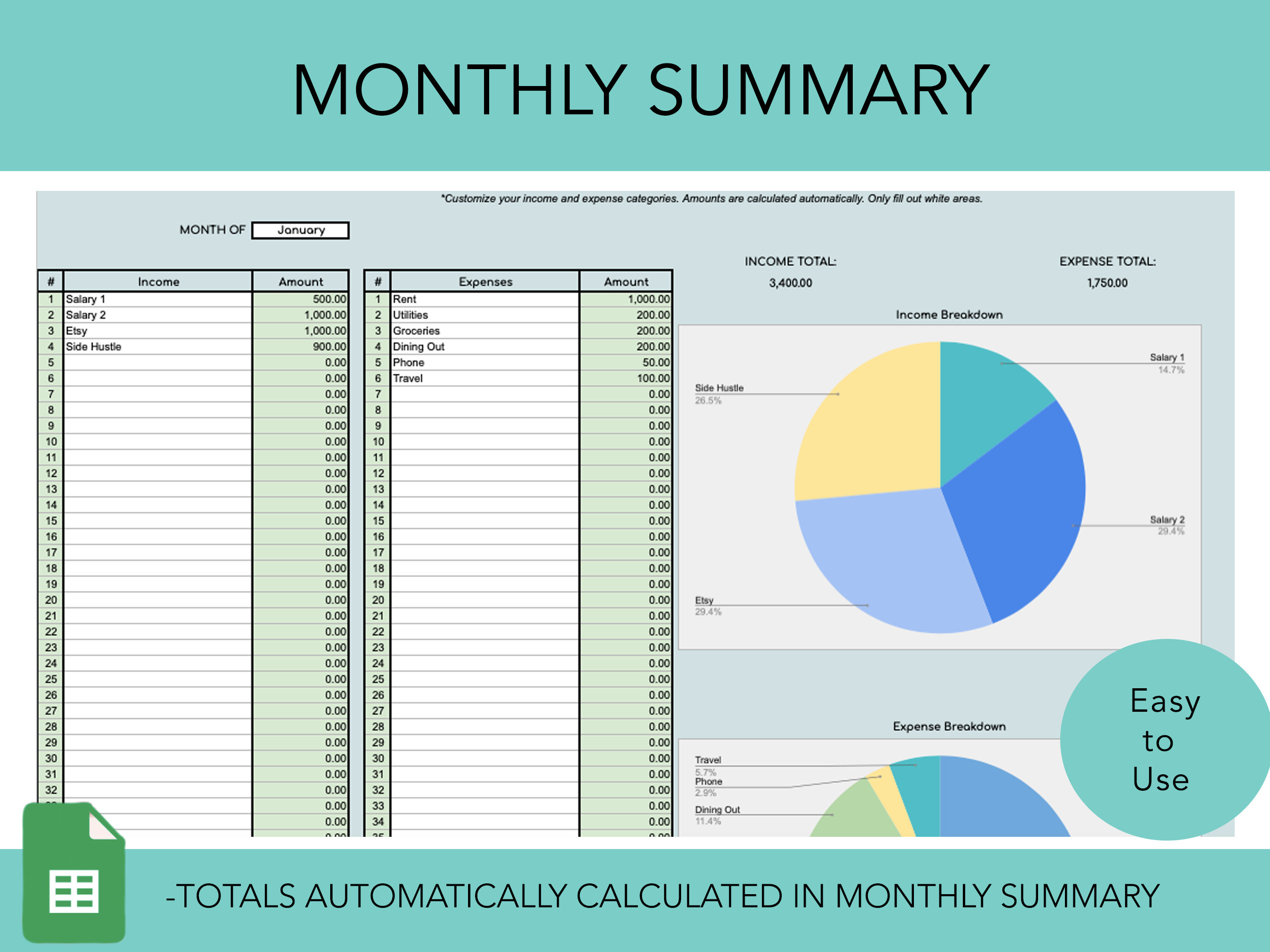 Monthly Income and Expense Tracker, Google Sheets Template, Income ...