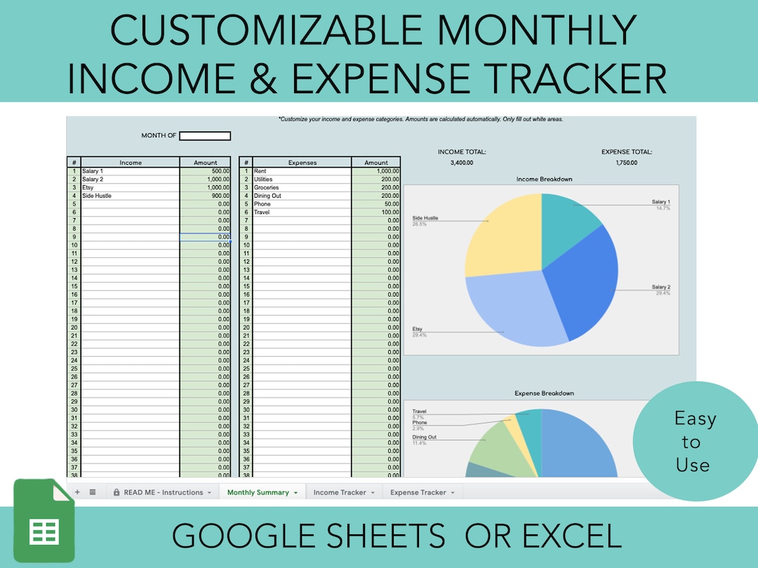 Monthly Income and Expense Tracker, Google Sheets Template, Income ...