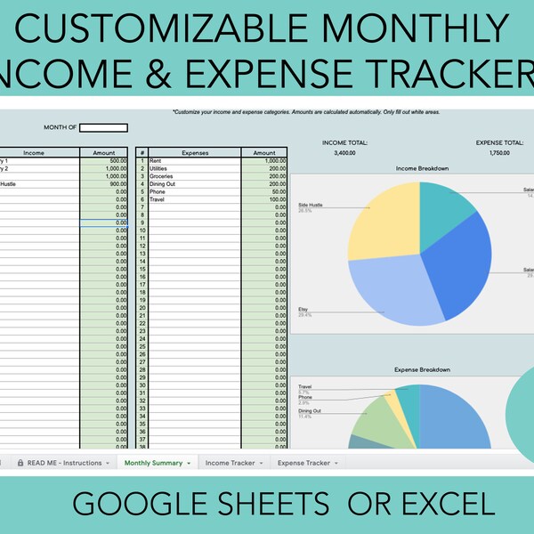 Income and Expense Tracker Spreadsheet for Google Sheets Monthly ...
