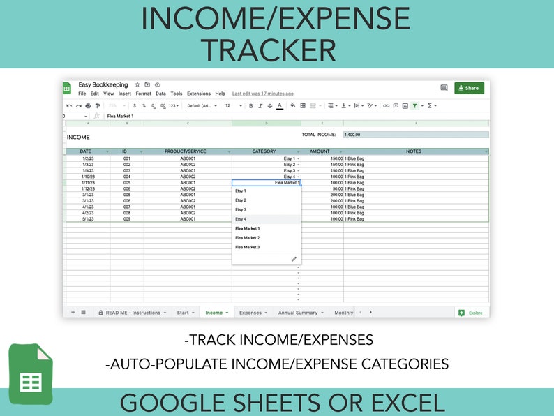 Easy Bookkeeping Spreadsheet, Simple Business Bookkeeping Template, Income and Expense Tracker ...