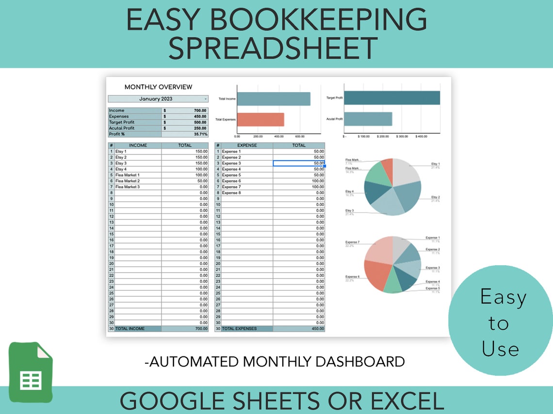 Easy Bookkeeping Template, Small Business Bookkeeping Spreadsheet ...