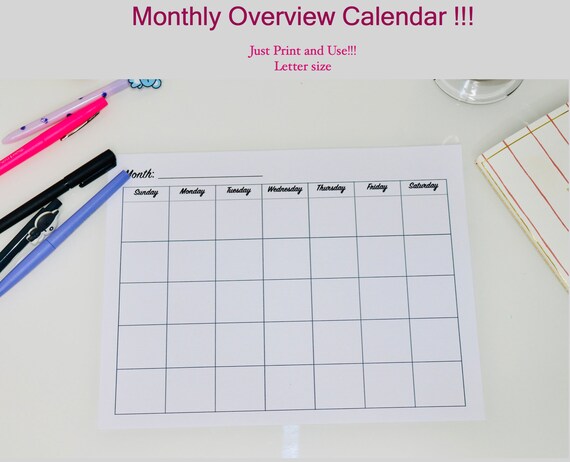 Monthly Overview Printable Calendar | Etsy