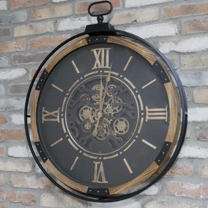 Black Clock Wooden Framed Clock Cogs Black Face Clock Roman Numerals ...