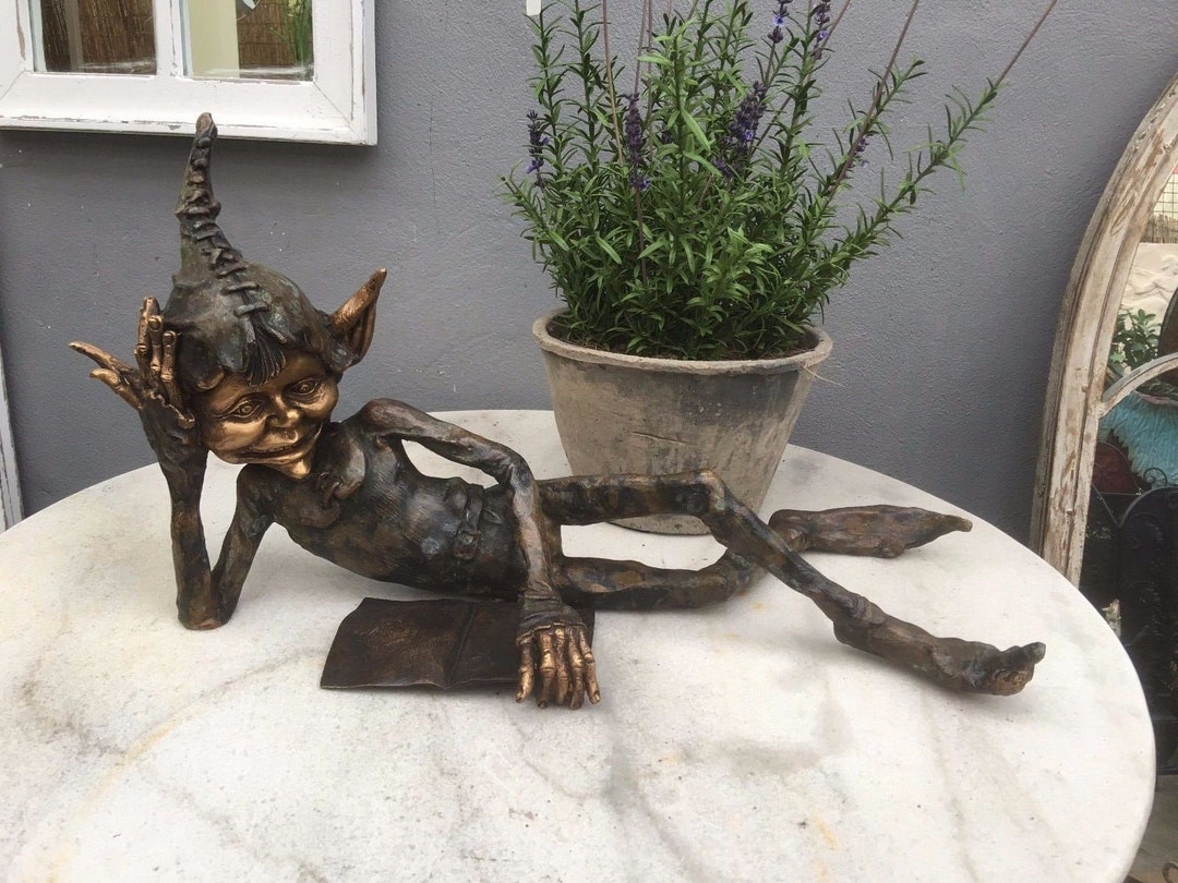 Bronze Goblin Garden Elf Pixie Reading Goblin With Book Laying Bronze ...