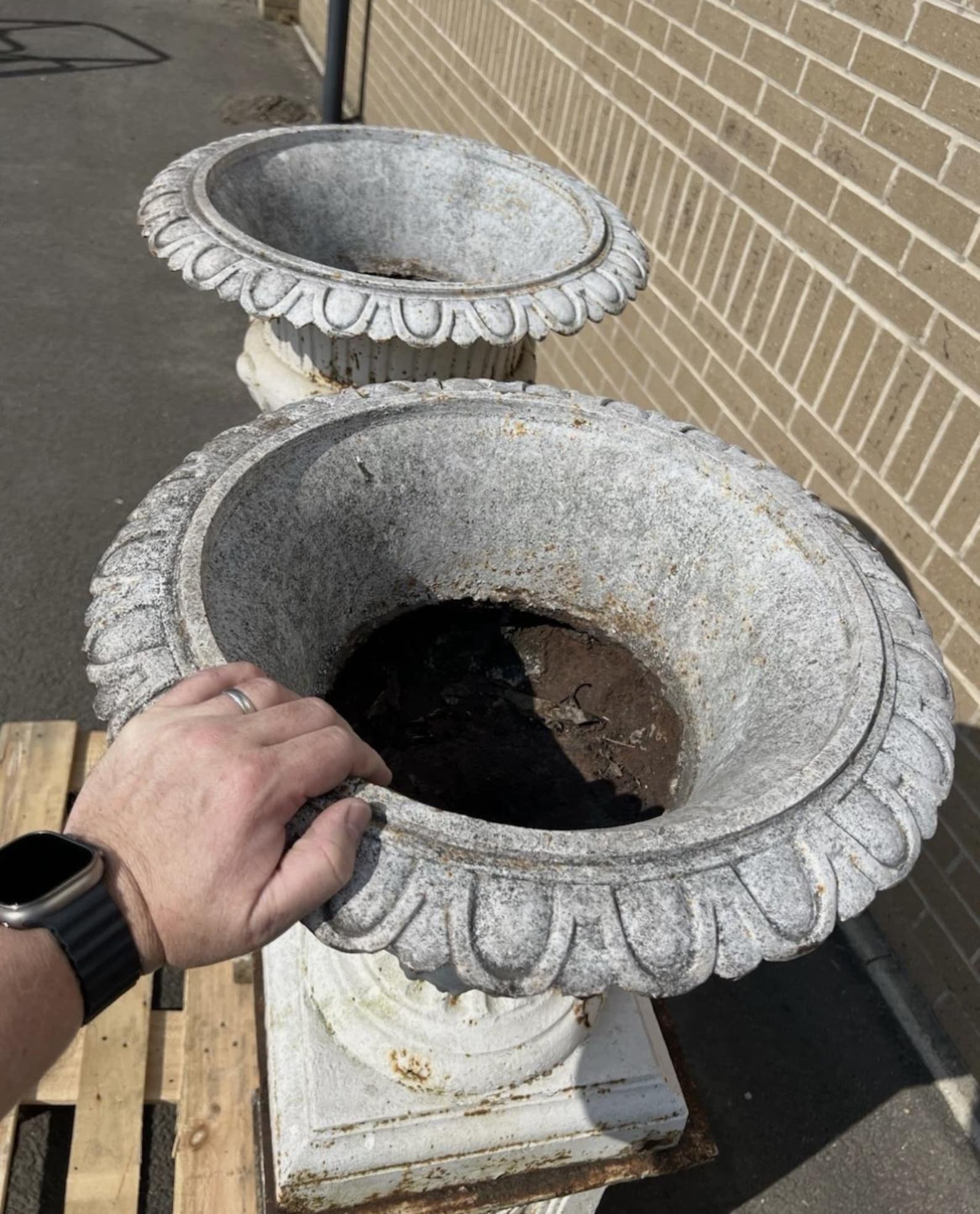 Cast Iron Urns on Plinths White Rust Entrance Planters Rusty Pair of ...