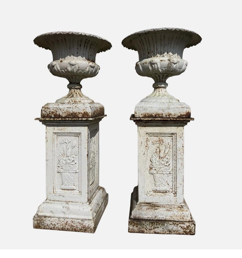 Cast Iron Urns on Plinths White Rust Entrance Planters Rusty Pair of ...