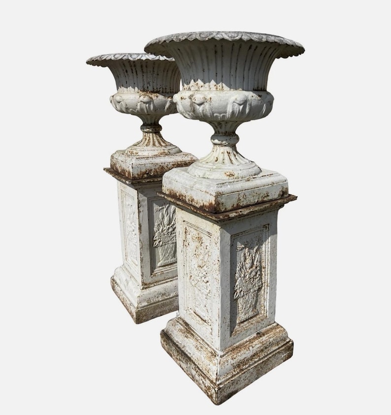 Cast Iron Urns on Plinths White Rust Entrance Planters Rusty Pair of ...
