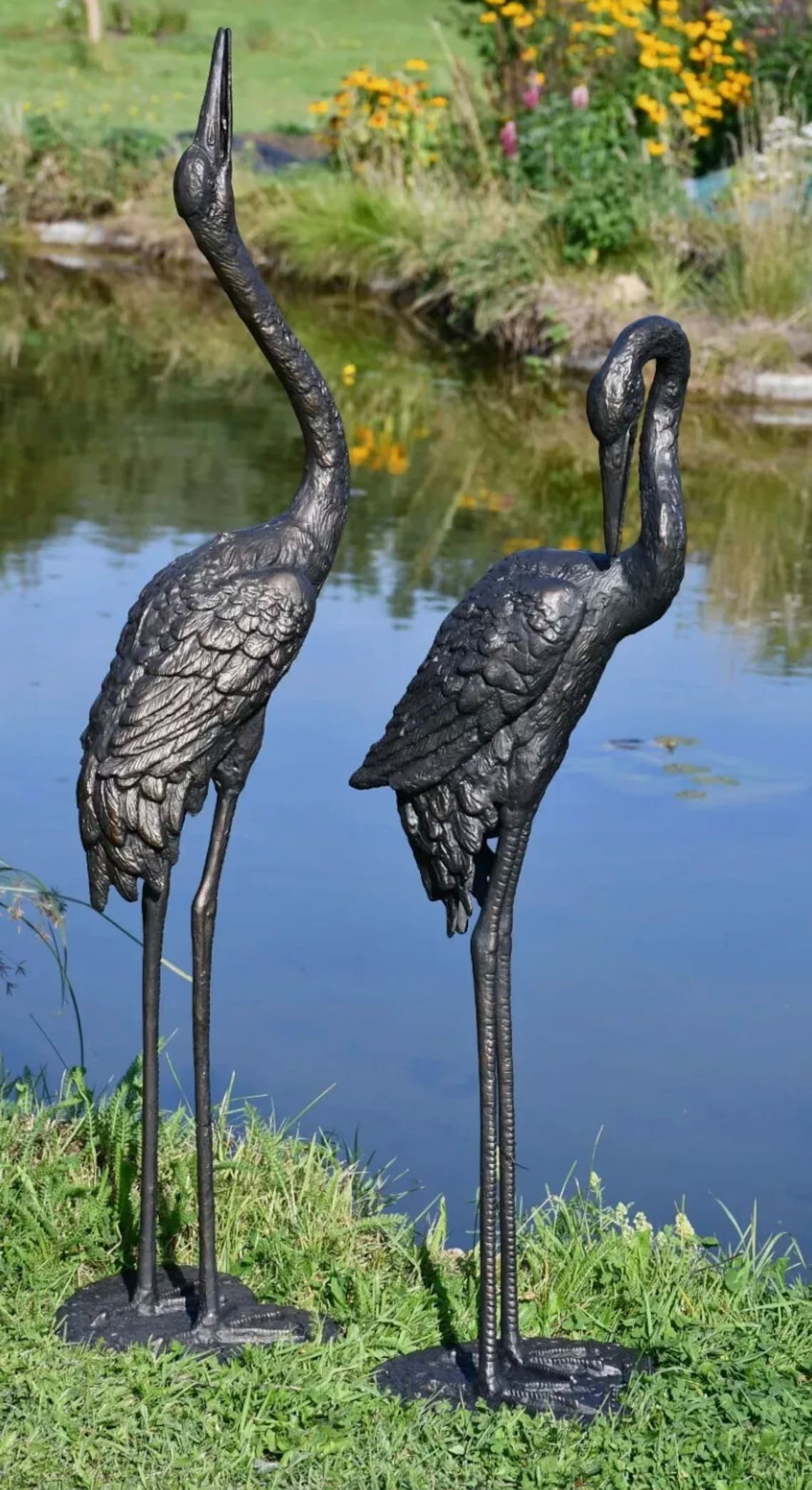 Pair Cranes Bronze Painted Japanese Storks Garden Birds Heron Stalk ...