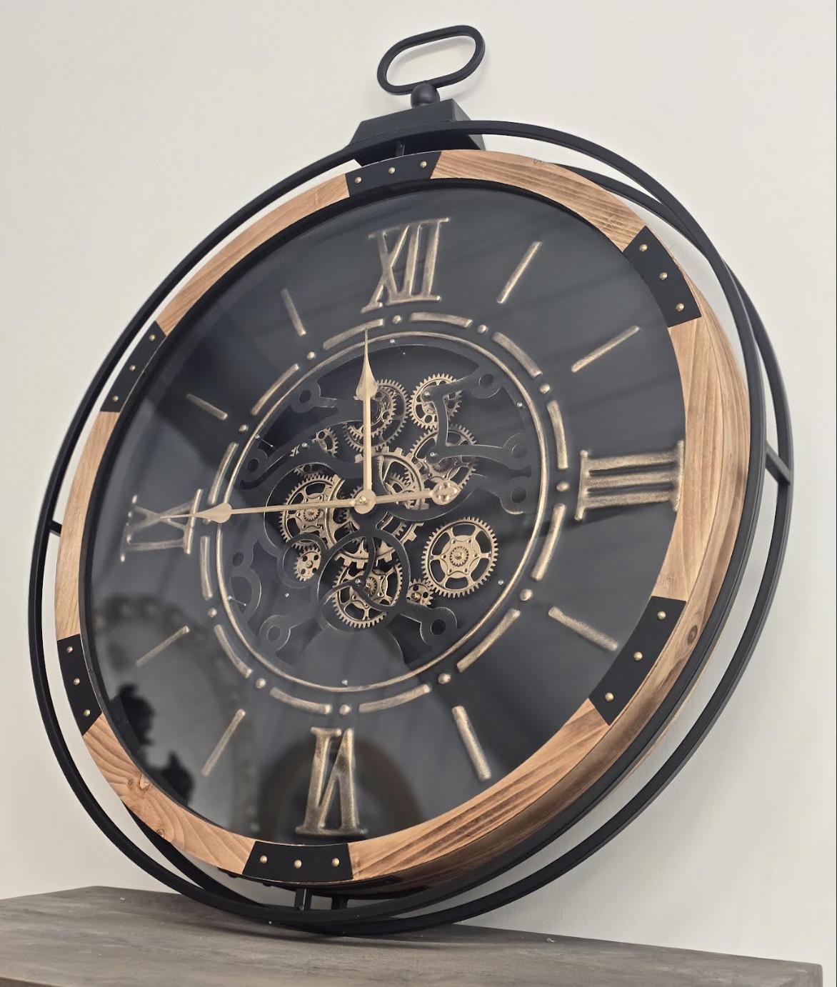 Black Clock Wooden Framed Clock Cogs Black Face Clock Roman Numerals ...