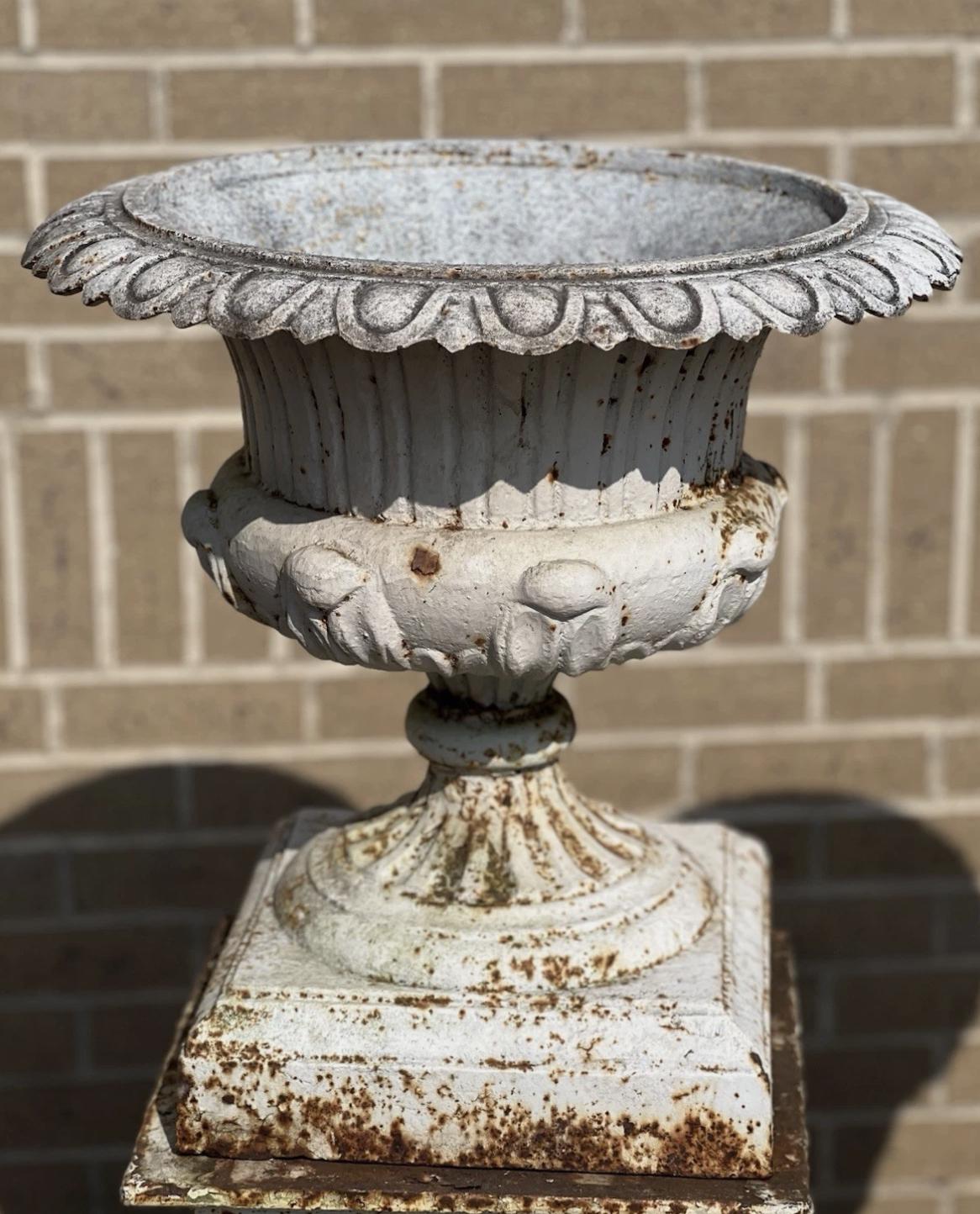 Cast Iron Urns on Plinths White Rust Entrance Planters Rusty Pair of ...