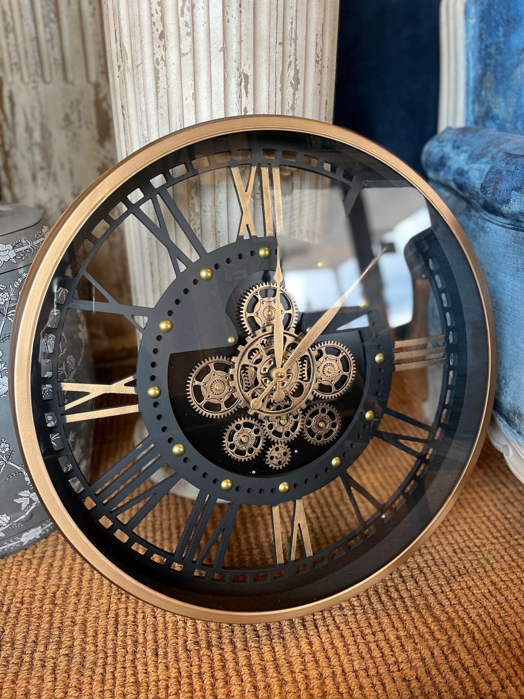Bronze Framed Clock Cogs Black Hollow Cut Out Face Clock Roman Numerals ...
