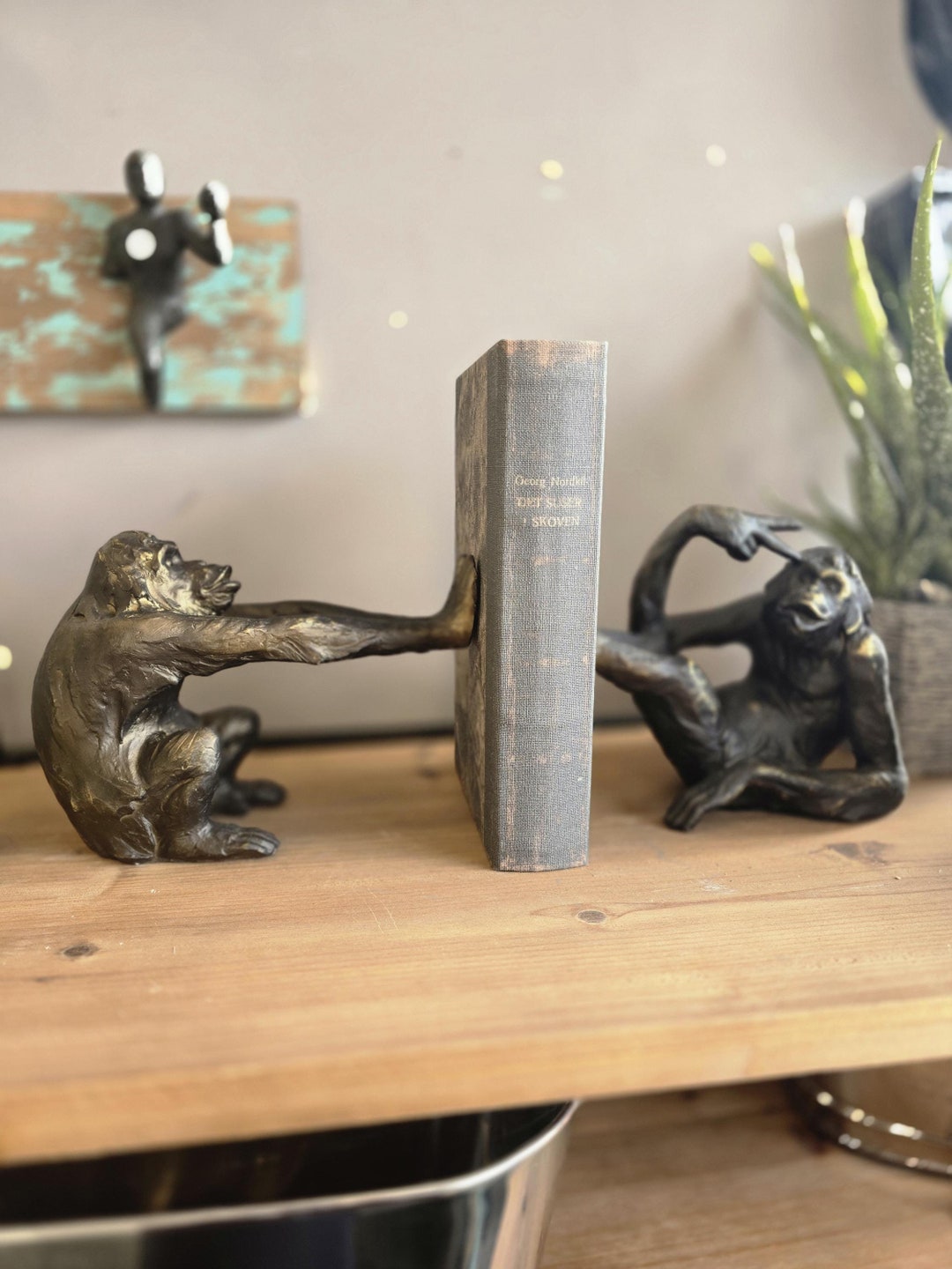 Orangutang Monkey Bookends Desk Shelving Black Brushed Gold Monkey Ape ...