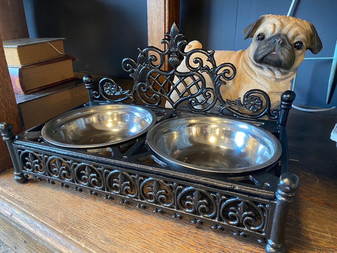 Posh Dog Bowls Feature Black Double Cast Iron Dog Bowl Fancy Ornate Dog ...