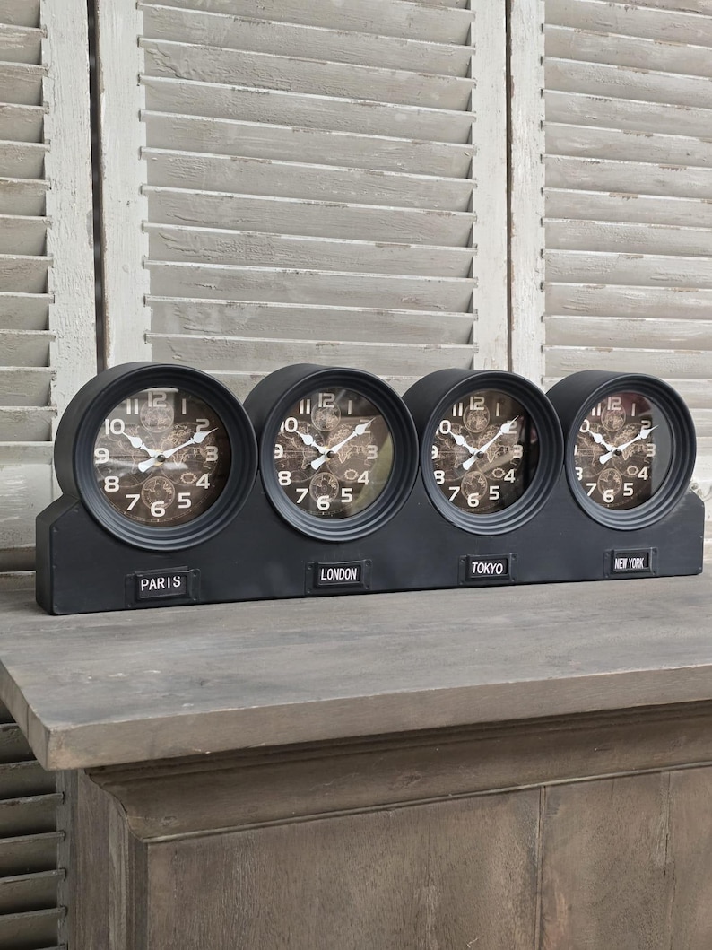 Clock Black Four World Clock Desk Mantle Clock Travel Decor Clocks ...