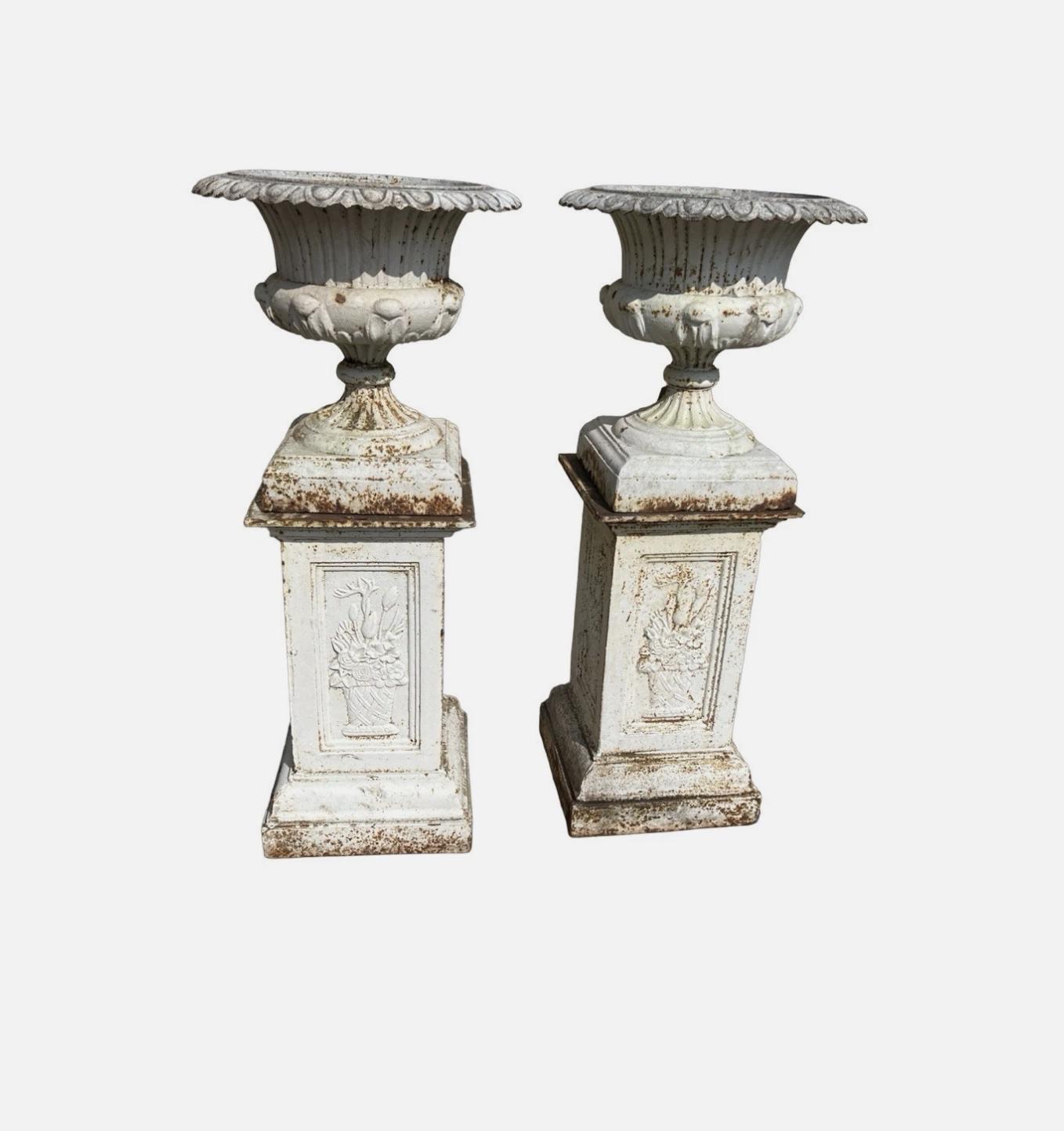 Cast Iron Urns on Plinths White Rust Entrance Planters Rusty Pair of ...