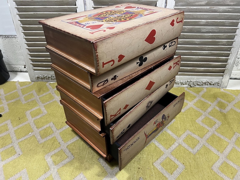 Drawers Playing Card Design Small Wooden Faux Book Stack Deck of Cards ...