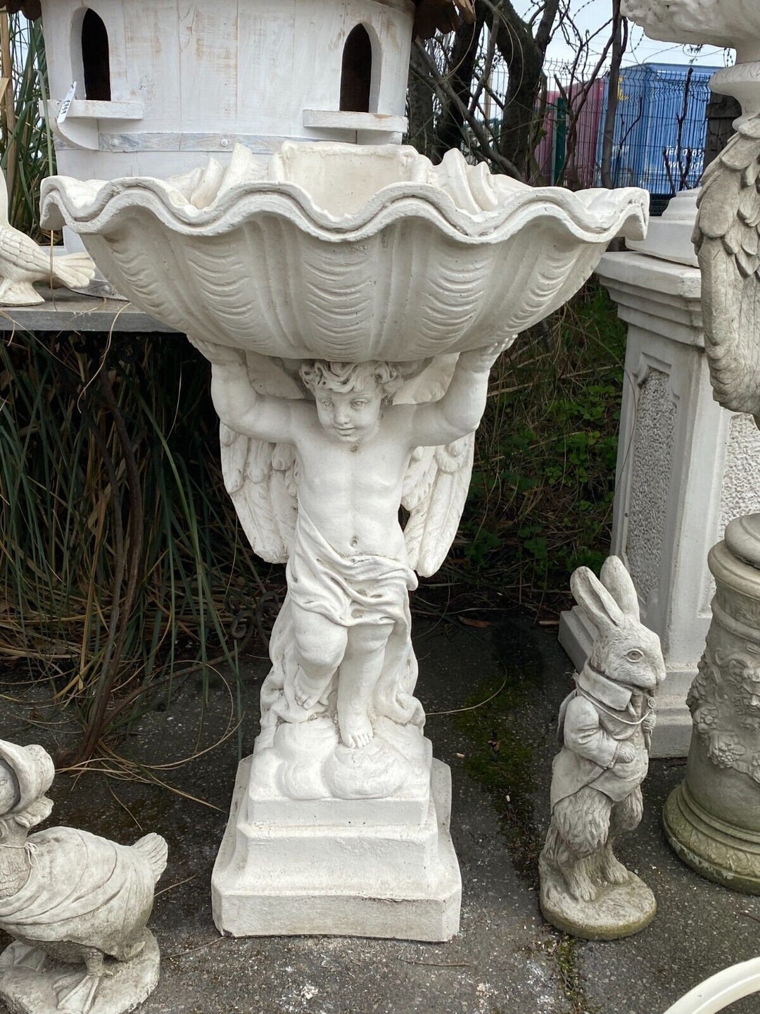 Shell Fountain With Cupid Angel Child Large Shell Fountain Bird Feeder ...