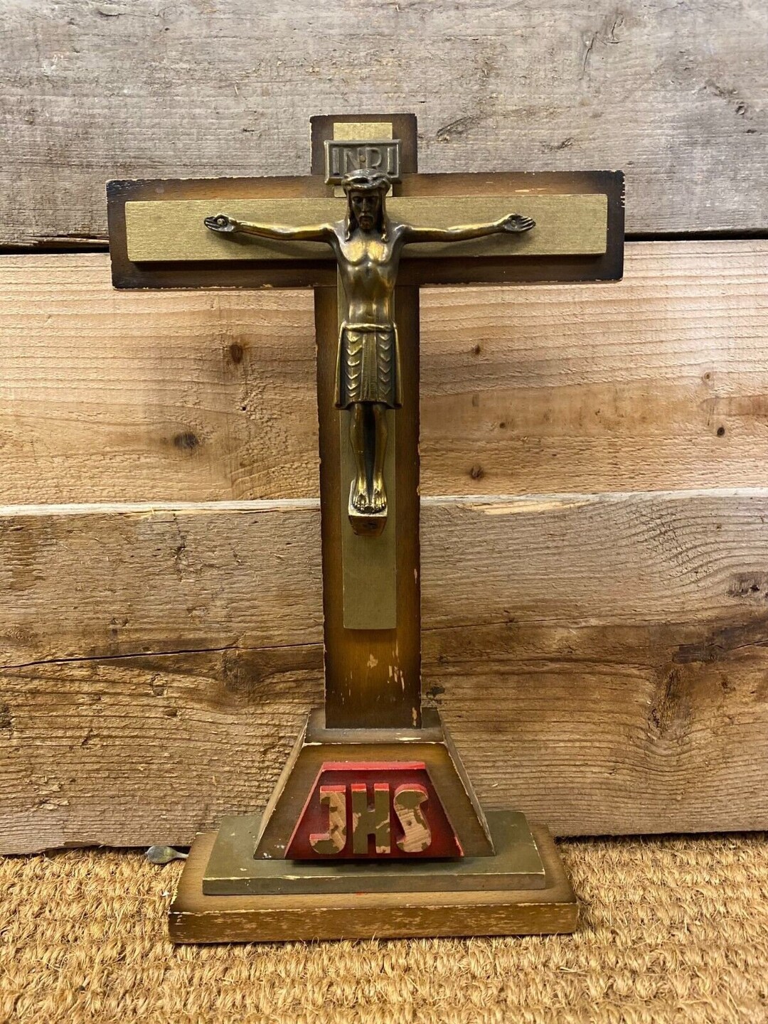 Jesus on Retro Wooden Cross on Base "inri" Latin Religious Iconography ...
