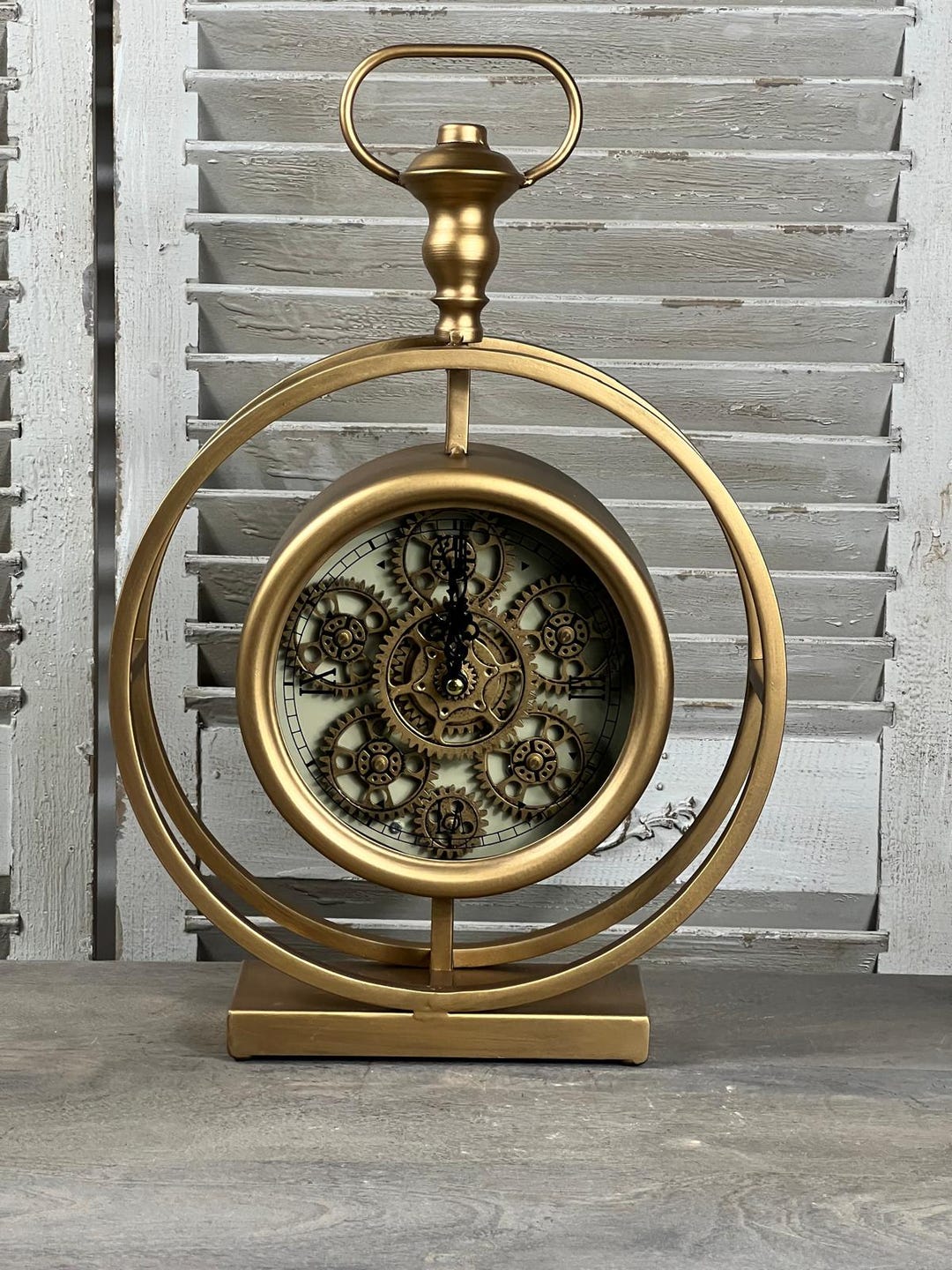 Cog Clock Brass Gold Desk Clock on Stand Clock Roman Numerals Behind ...