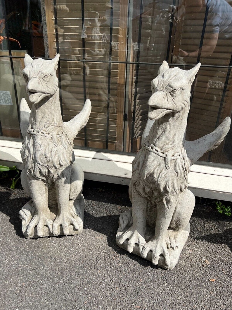 Grey Stone Gargoyles Pair Sitting Eagle Dragon Entrance Castle Stately ...
