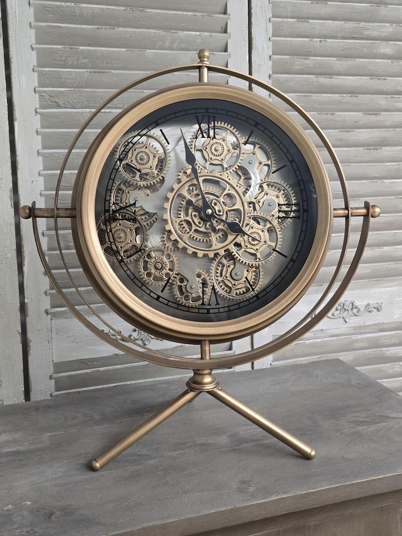 Cog Desk Clock on Stand Clock Roman Numerals Behind Glass Styled ...