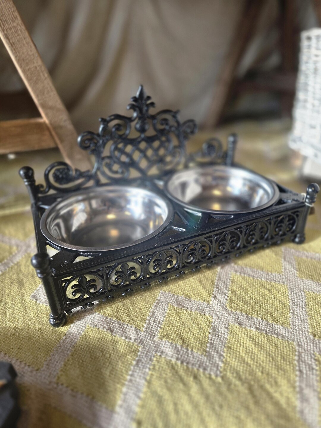 Black Dog Bowl Large Double Cast Iron Dog Bowl Fancy Dog Bowl ...