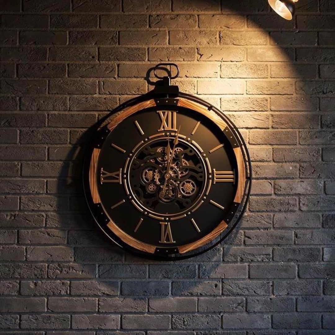 Black Clock Wooden Framed Clock Cogs Black Face Clock Roman Numerals ...