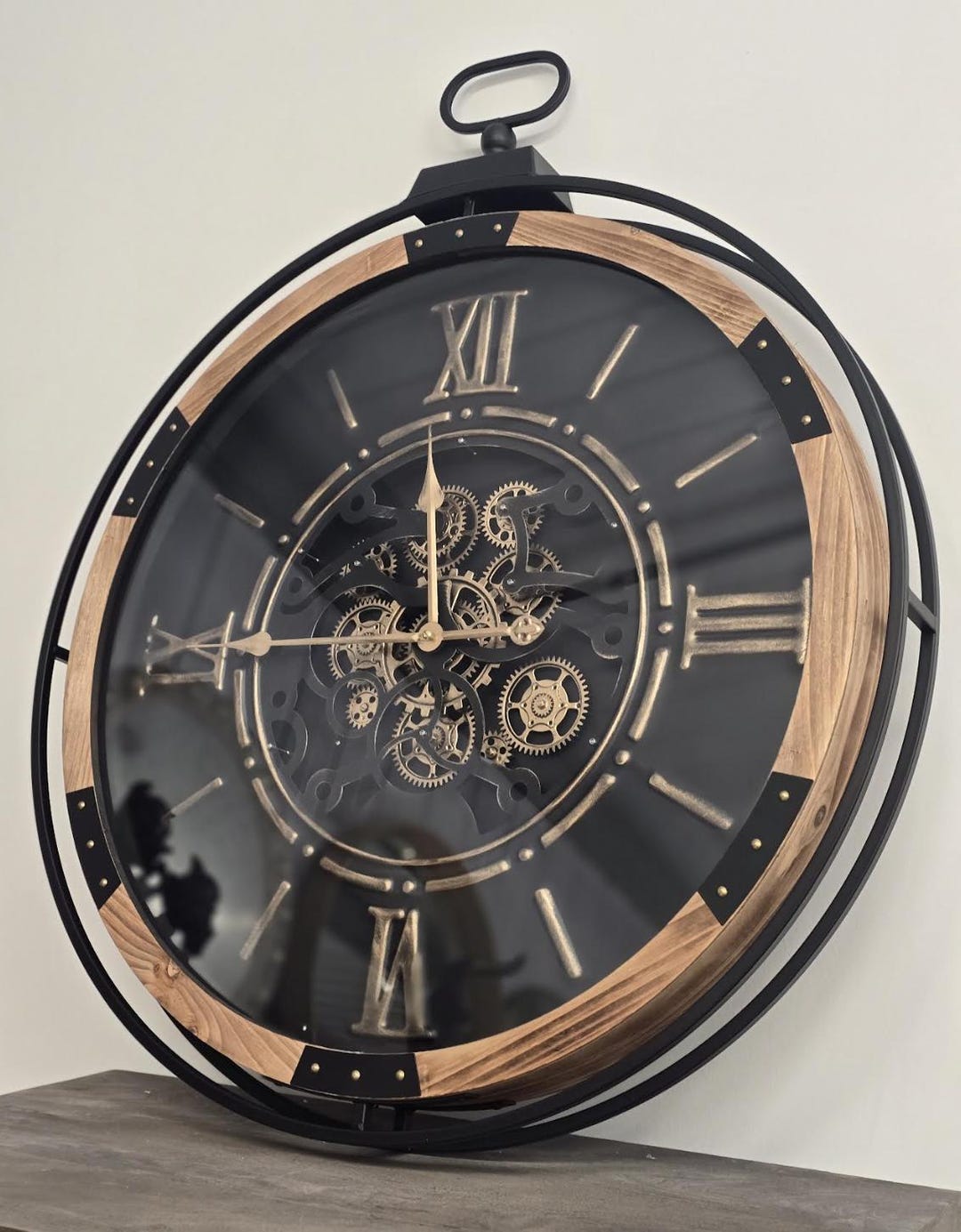Black Clock Wooden Framed Clock Cogs Black Face Clock Roman Numerals ...