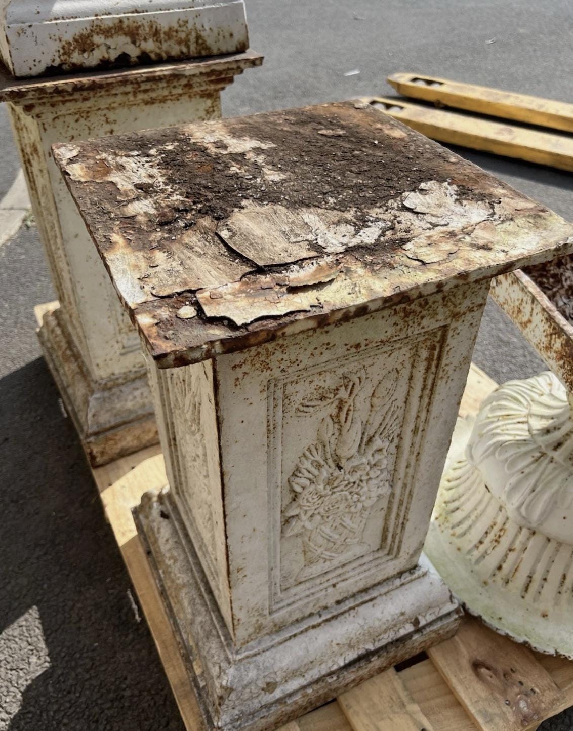 Cast Iron Urns on Plinths White Rust Entrance Planters Rusty Pair of ...