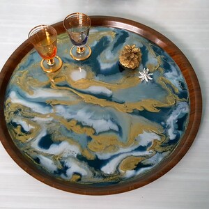 Blue Large Round Wood and Resin Serving Tray - Etsy