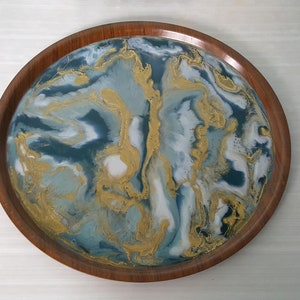 Blue Large Round Wood and Resin Serving Tray - Etsy